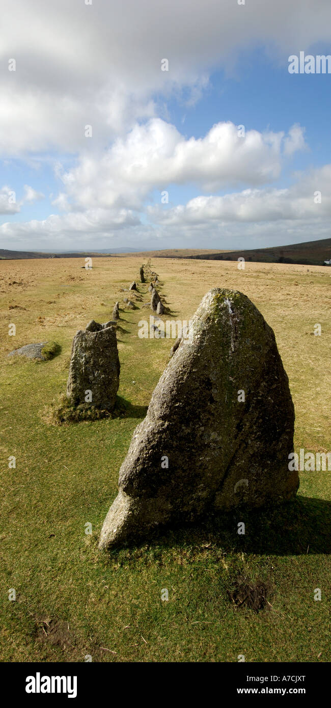 Ancient stone row at Merrivale on Dartmoor with bright sunshine and ...