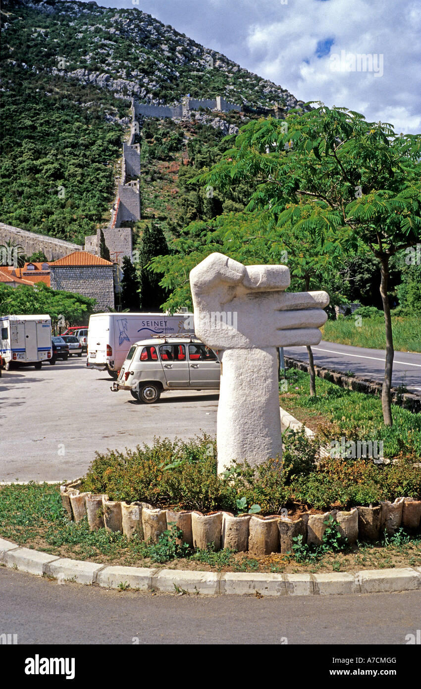 Croatian hand statue and ancient walls of Ston Croatia Balkans Europe ...