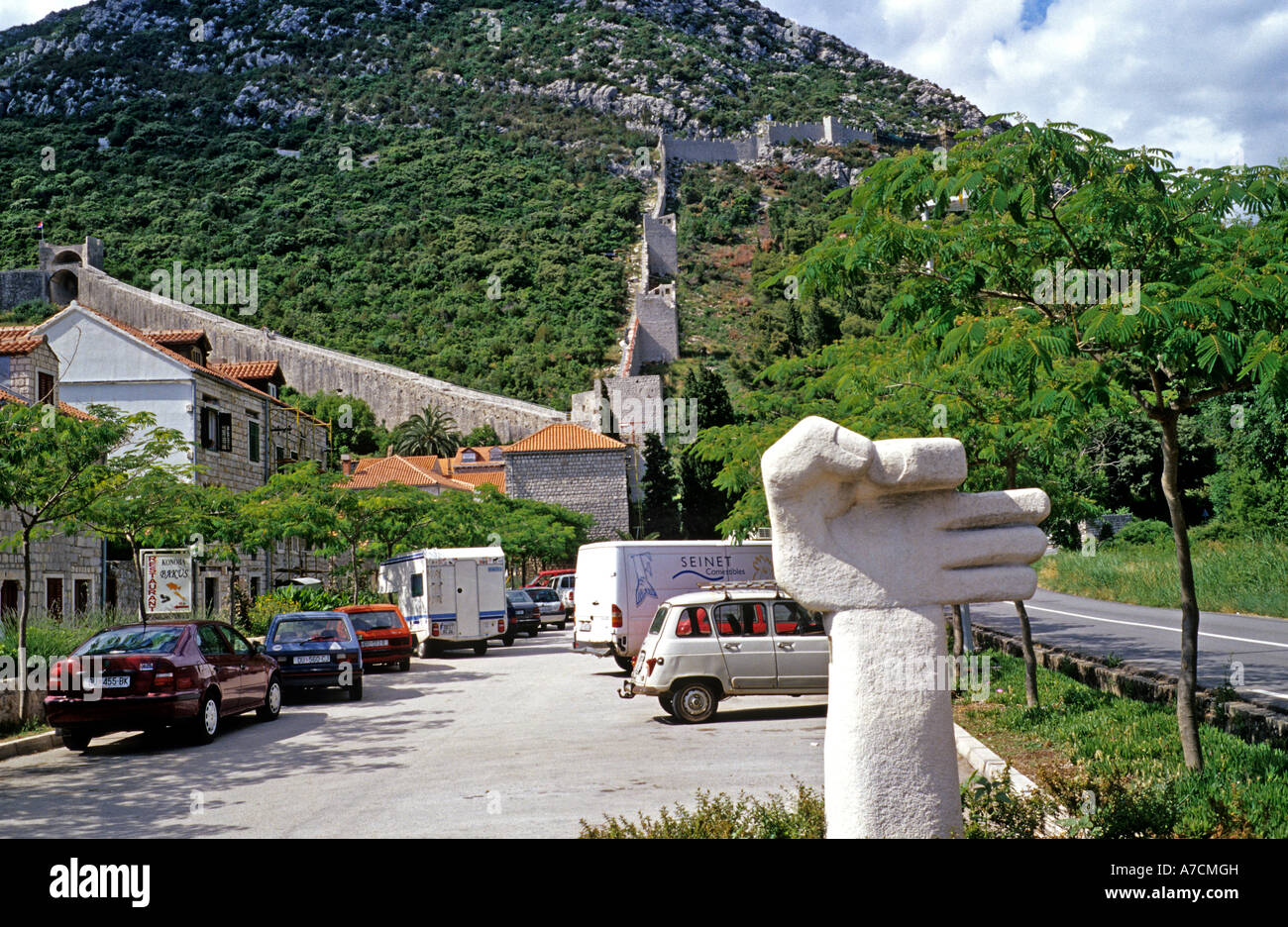 Croatian hand statue and ancient walls of Ston Croatia Balkans Europe ...