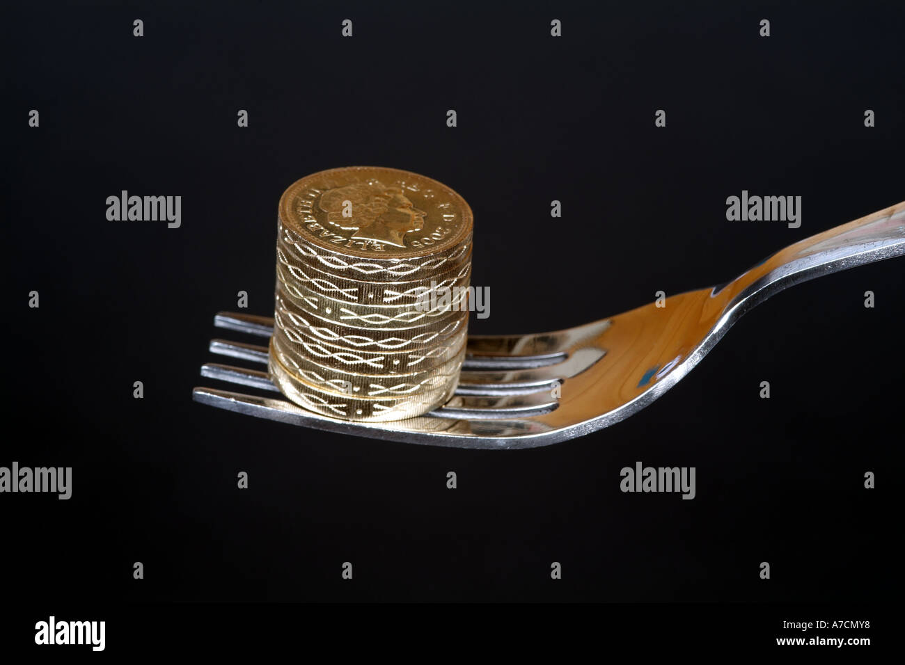 One pound coins balancing on a silver coloured fork Stock Photo - Alamy