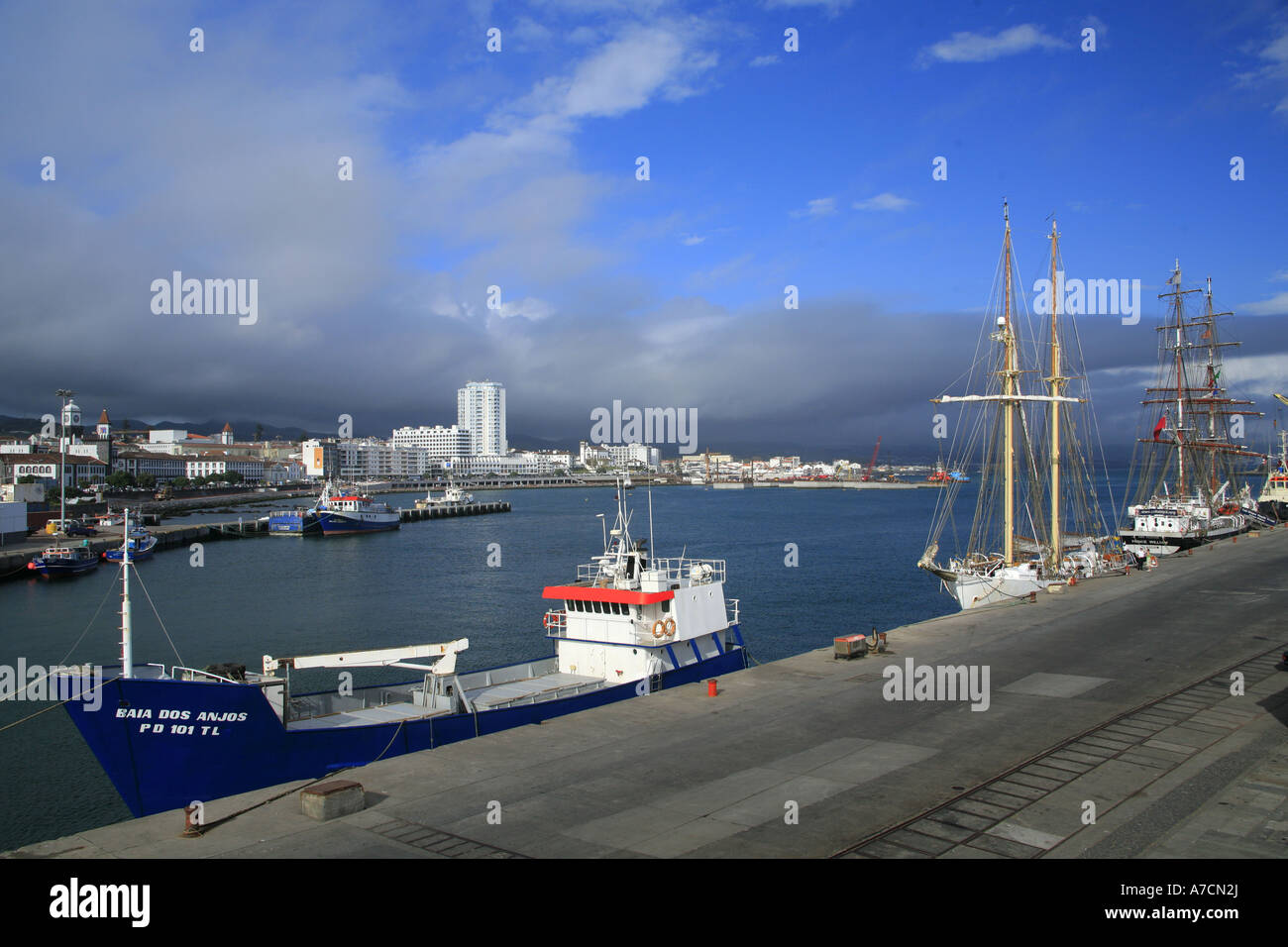 Ships in Ponta Delgada city docks. Sao Miguel island, Azores, Portugal ...