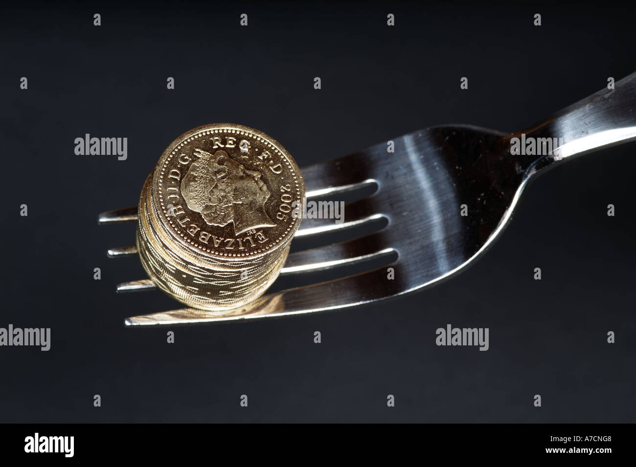 One pound coins balancing on a silver coloured fork Stock Photo - Alamy