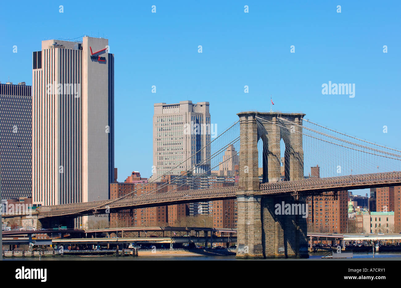 Skyscrapers of New York City viewed from Brooklyn across the harbor ...