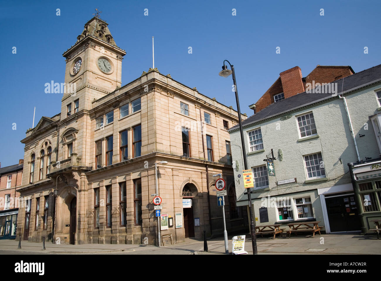 WELSHPOOL POWYS MID WALES UK April Looking along the lower High Street ...