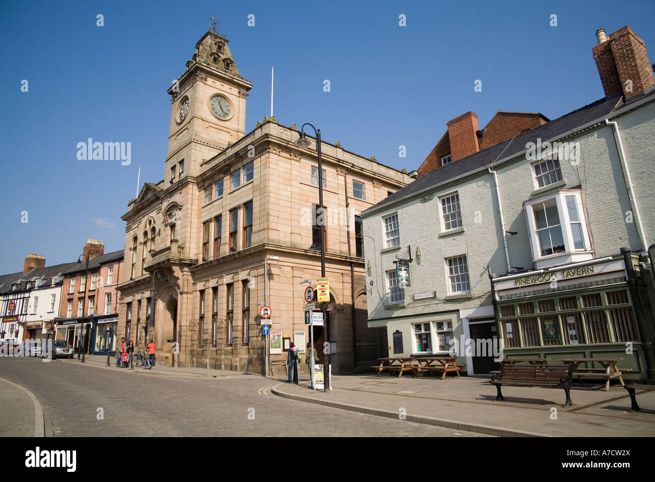 WELSHPOOL POWYS MID WALES UK April Looking along the lower High Street ...