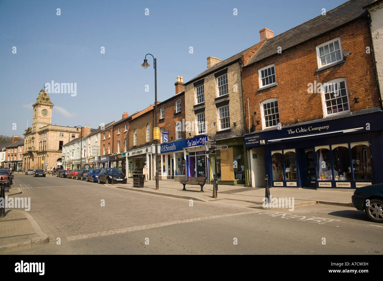 WELSHPOOL POWYS MID WALES UK April Looking along the lower High Street ...