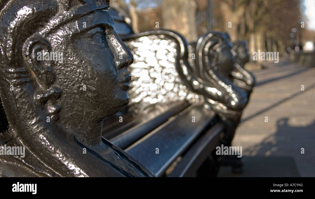 Ornately decorated cast iron benches on the Chelsea Embankment Chelsea ...