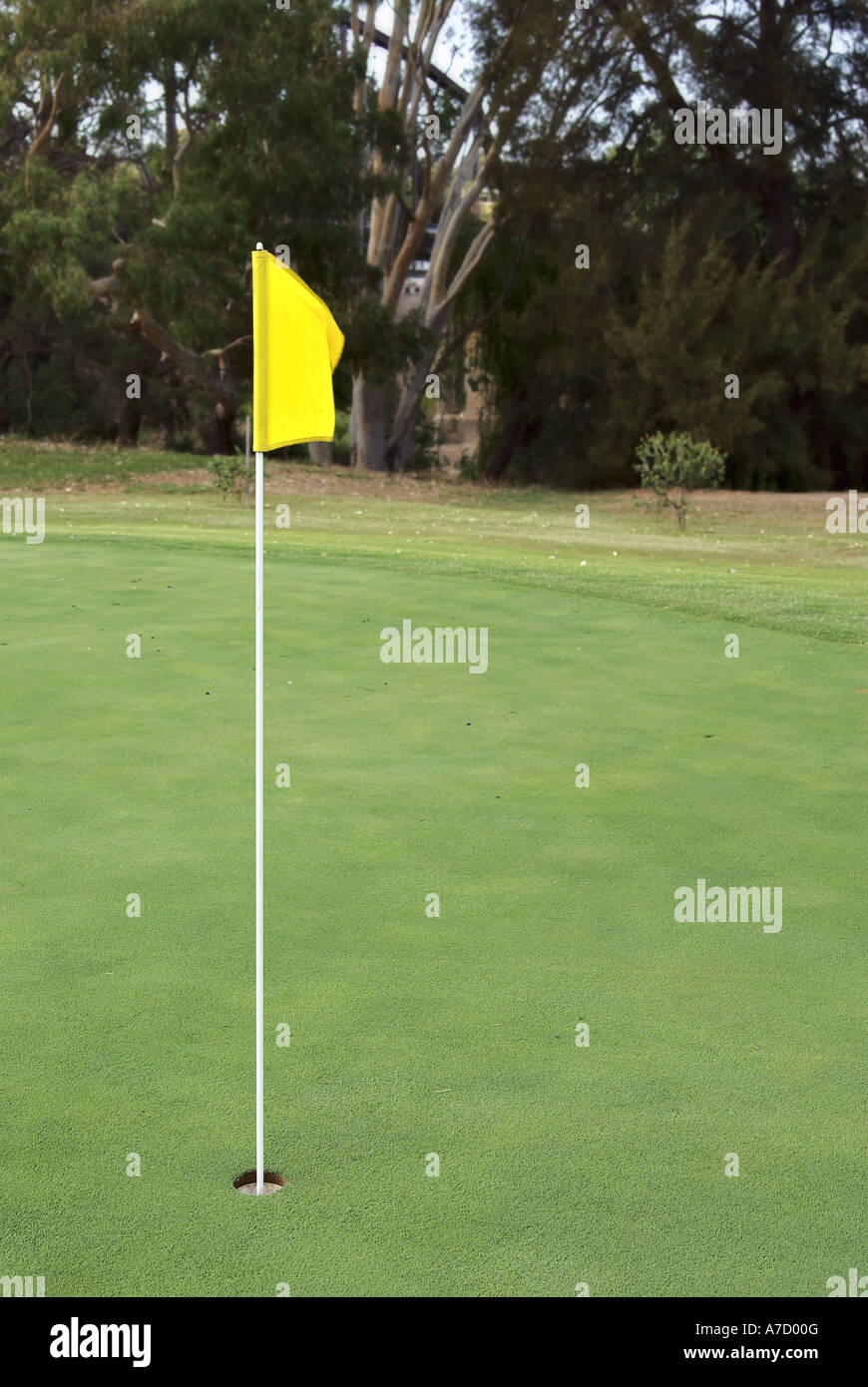 golf hole with yellow flag Stock Photo - Alamy