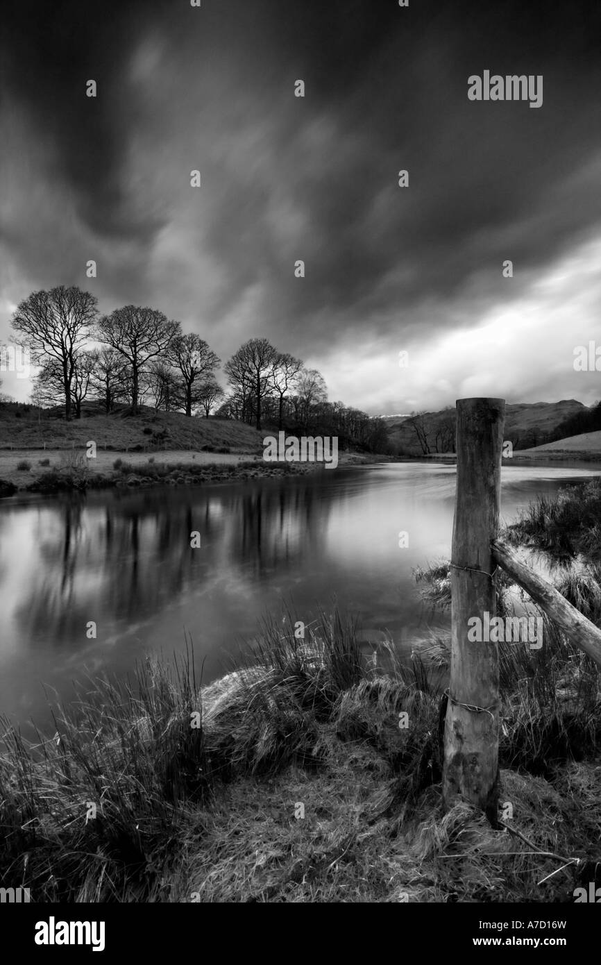 Reflection of Winter trees in Elterwater on a stormy evening Stock ...