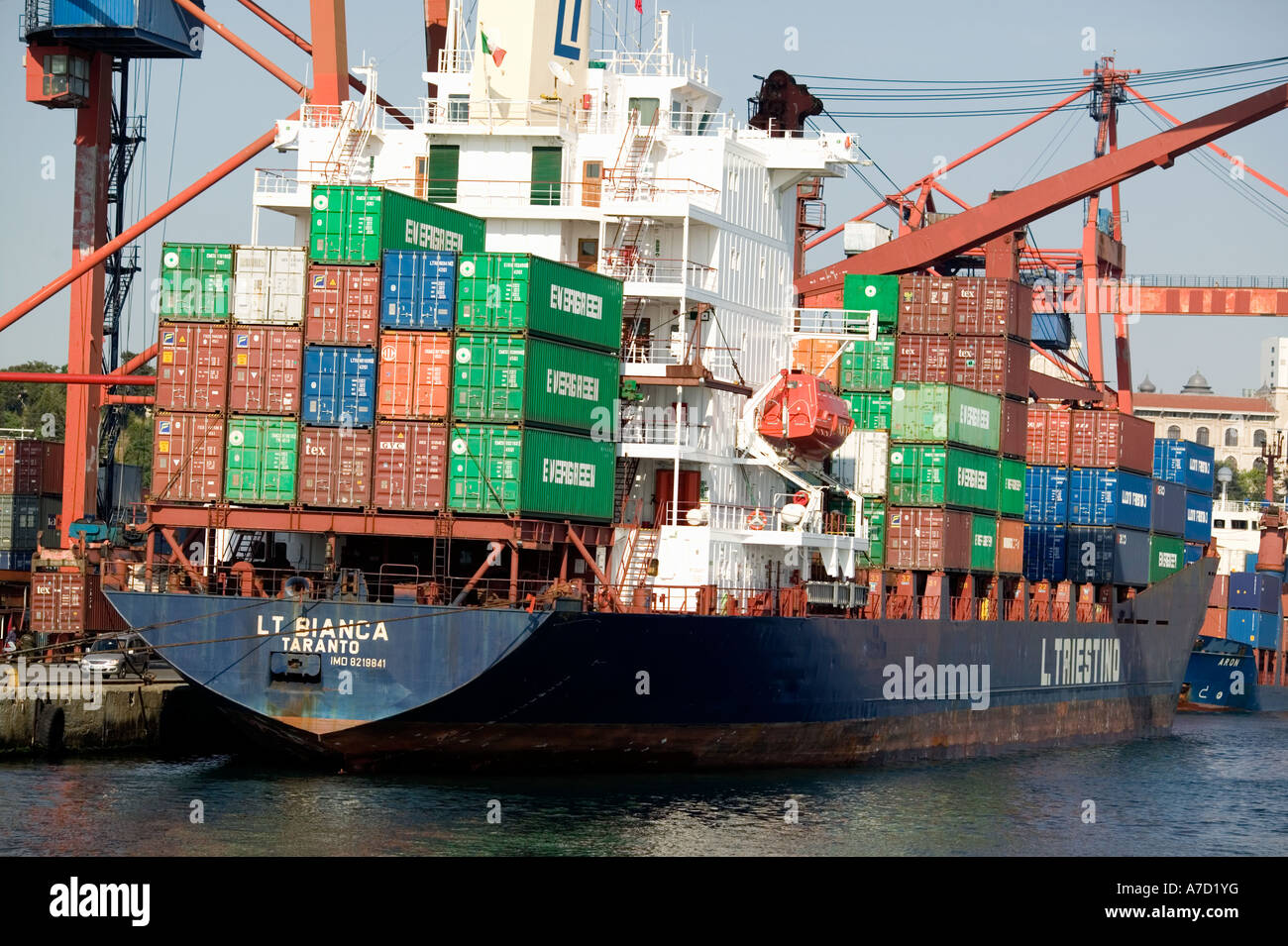Container ship loaded with export goods in Izmir port Stock Photo - Alamy
