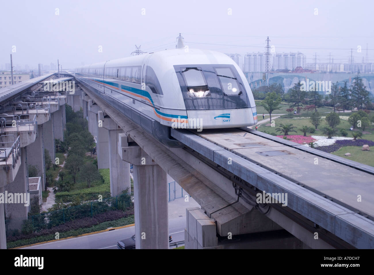 Asia China Shanghai MagLev Magnetic Levitation train approaches station ...