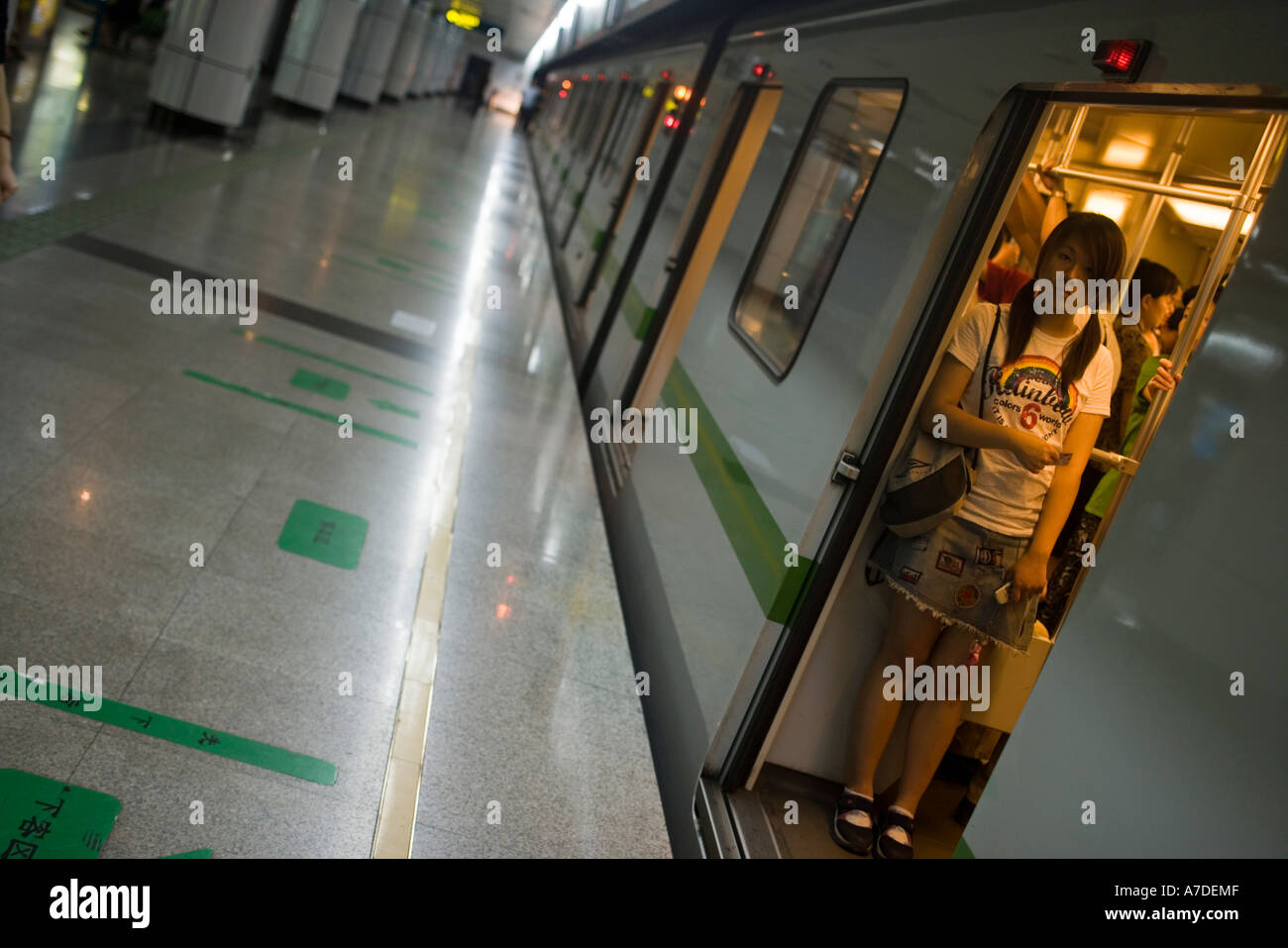 Asia China Shanghai Passengers on crowded Metro subway train during ...