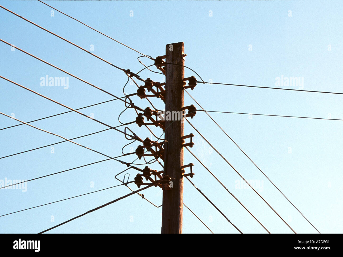 Telephone pole with array of wires arriving and leaving Scotland Stock ...