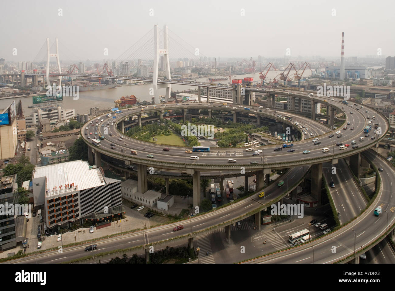 China Shanghai Overhead view of traffic on highway freeway overpasses ...