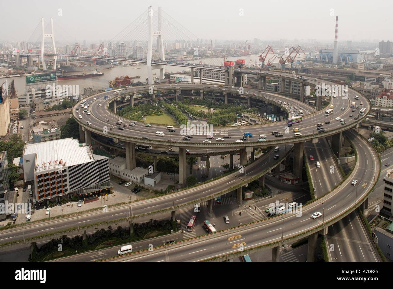 China Shanghai Overhead view of traffic on highway freeway overpasses ...