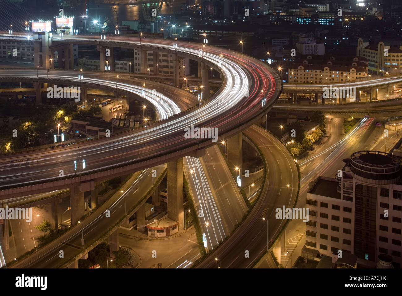 Asia China Shanghai Overhead nighttime view of nighttime traffic on ...