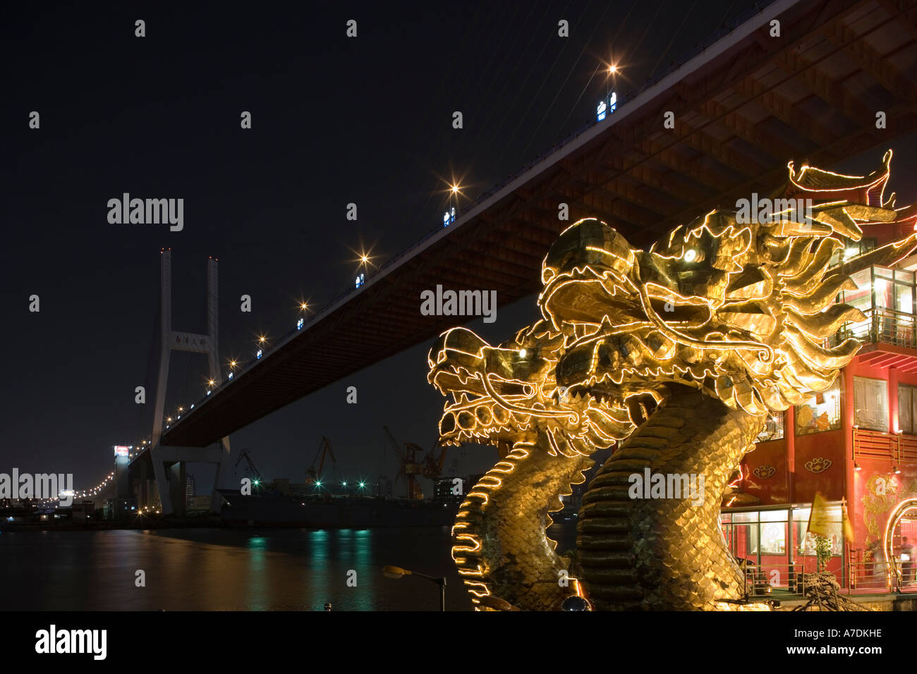 Asia China Shanghai Illuminated dragon outside floating Chinese ...