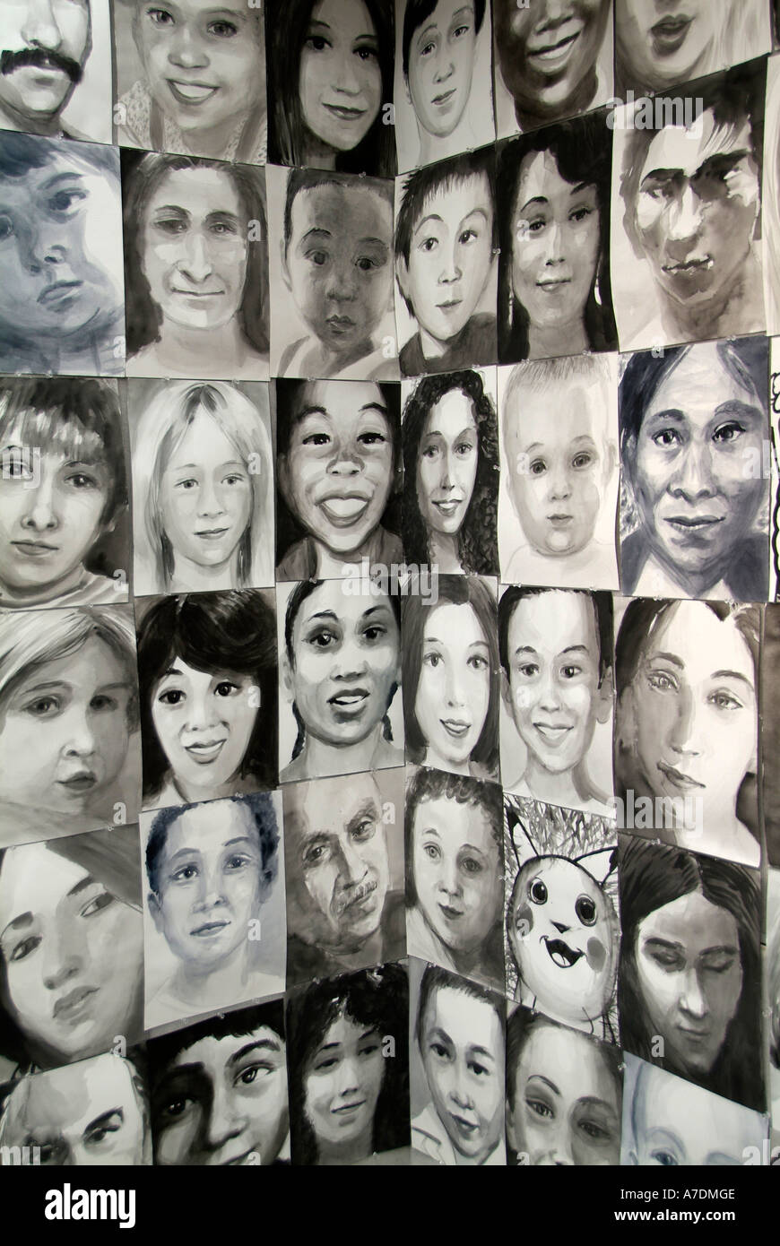 Wall of faces drawn by the public on display in the new State Capitol ...