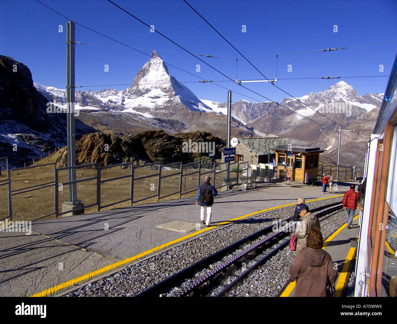 Station Rotenboden of the Gornergrat Railway with the Matterhorn in the ...