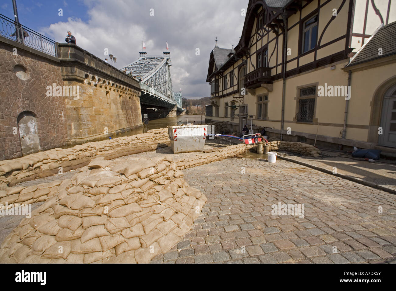 sandbags against river Elbe inundation near Blue Wonder, Germany ...