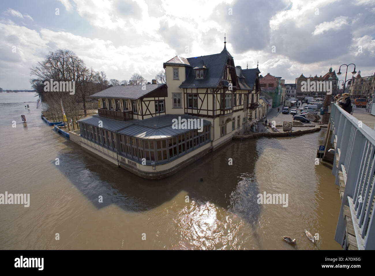 sandbags against river Elbe inundation near Blue Wonder, Germany ...
