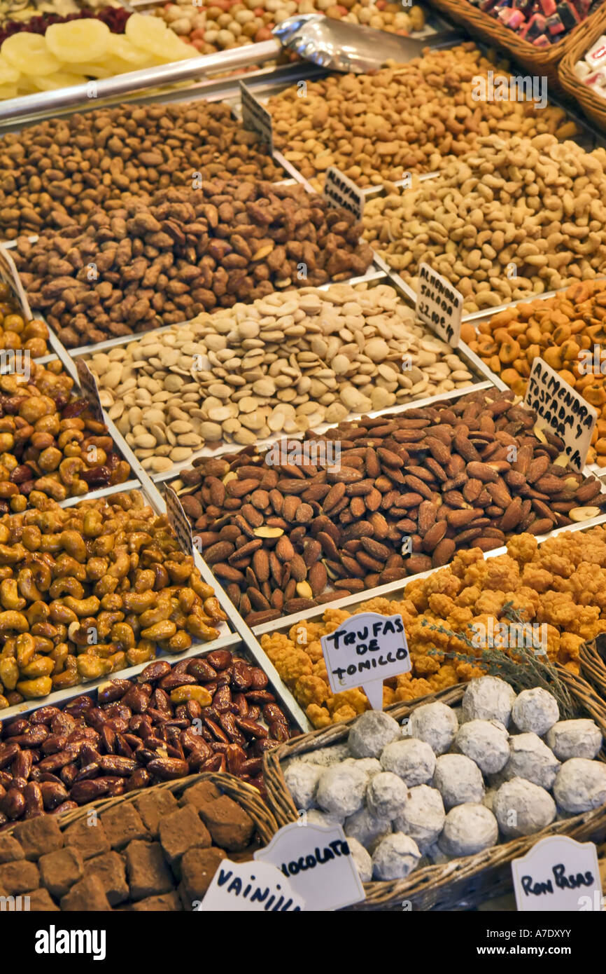 nuts and sweets at the market, Spain, Katalonia, La Boqueria, Barcelona ...