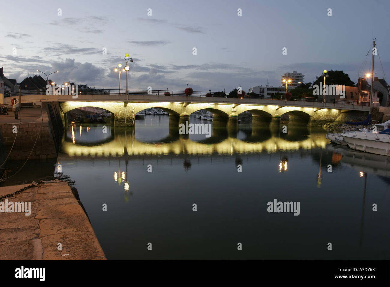 harbour with illuminated bridge, France, Loire Atlantique, Pouliguen ...