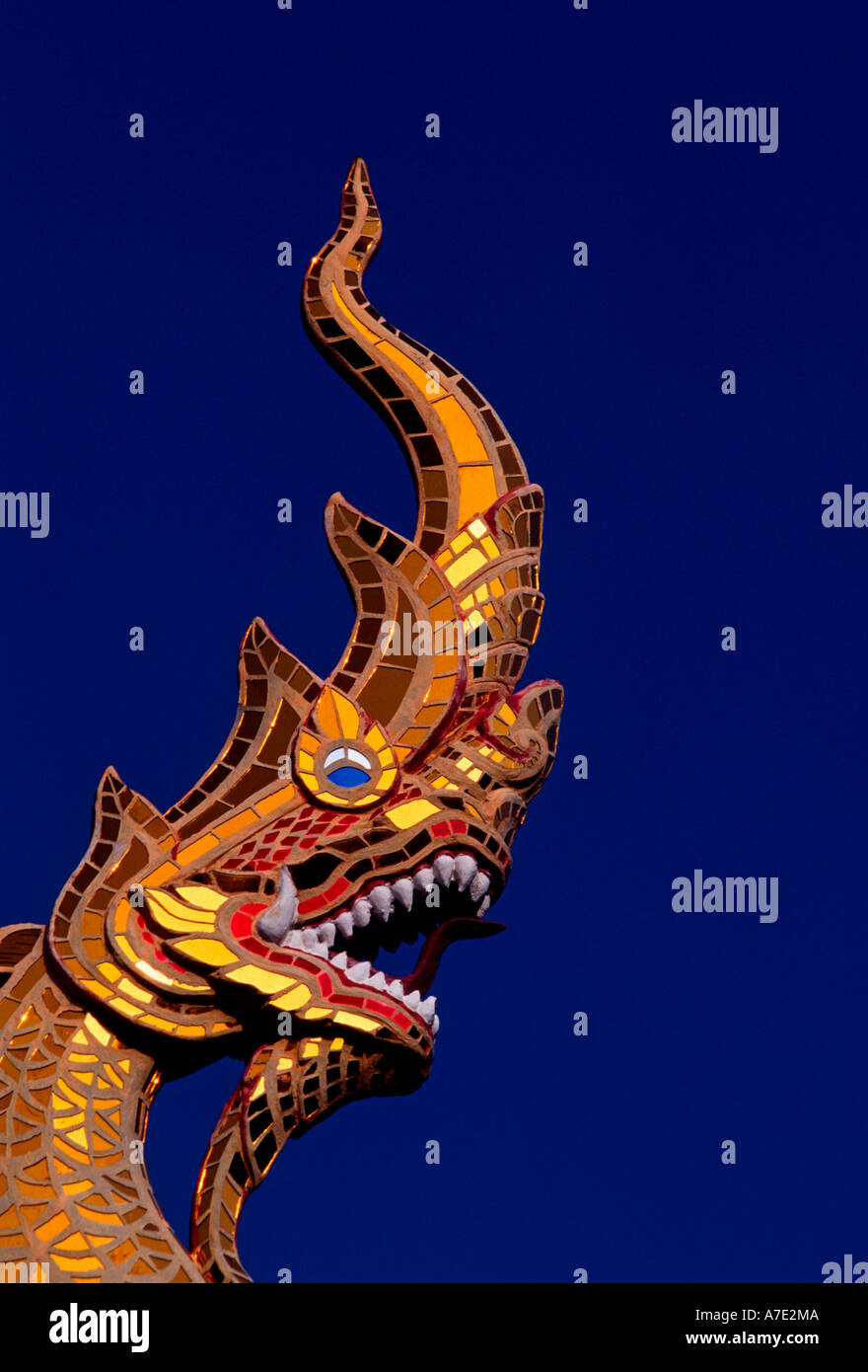 Naga head atop roof of central sanctuary at Wat Chiang Man, Naga head ...