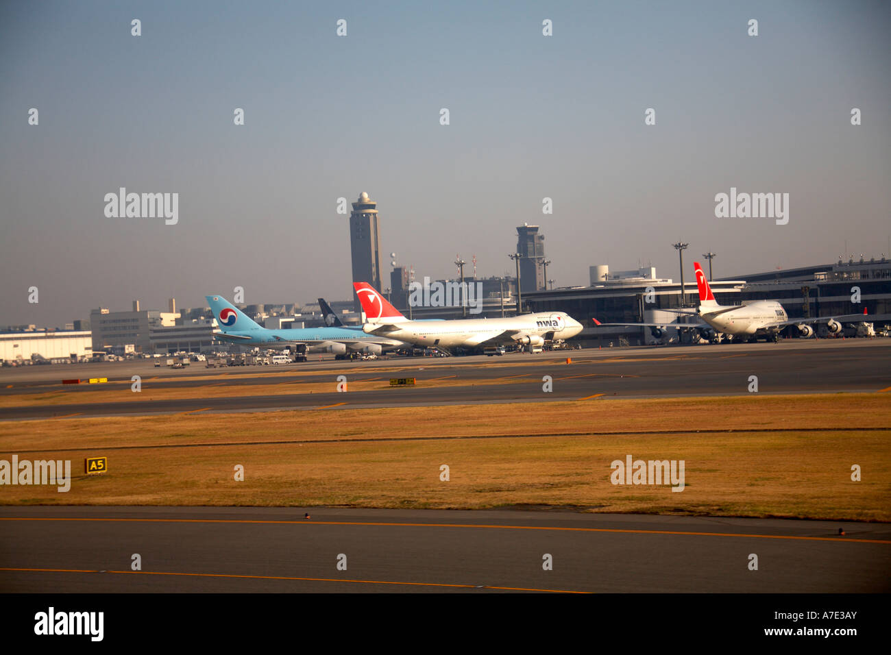 Narita Airport with control tower aircraft and taxiways Tokyo Japan ...