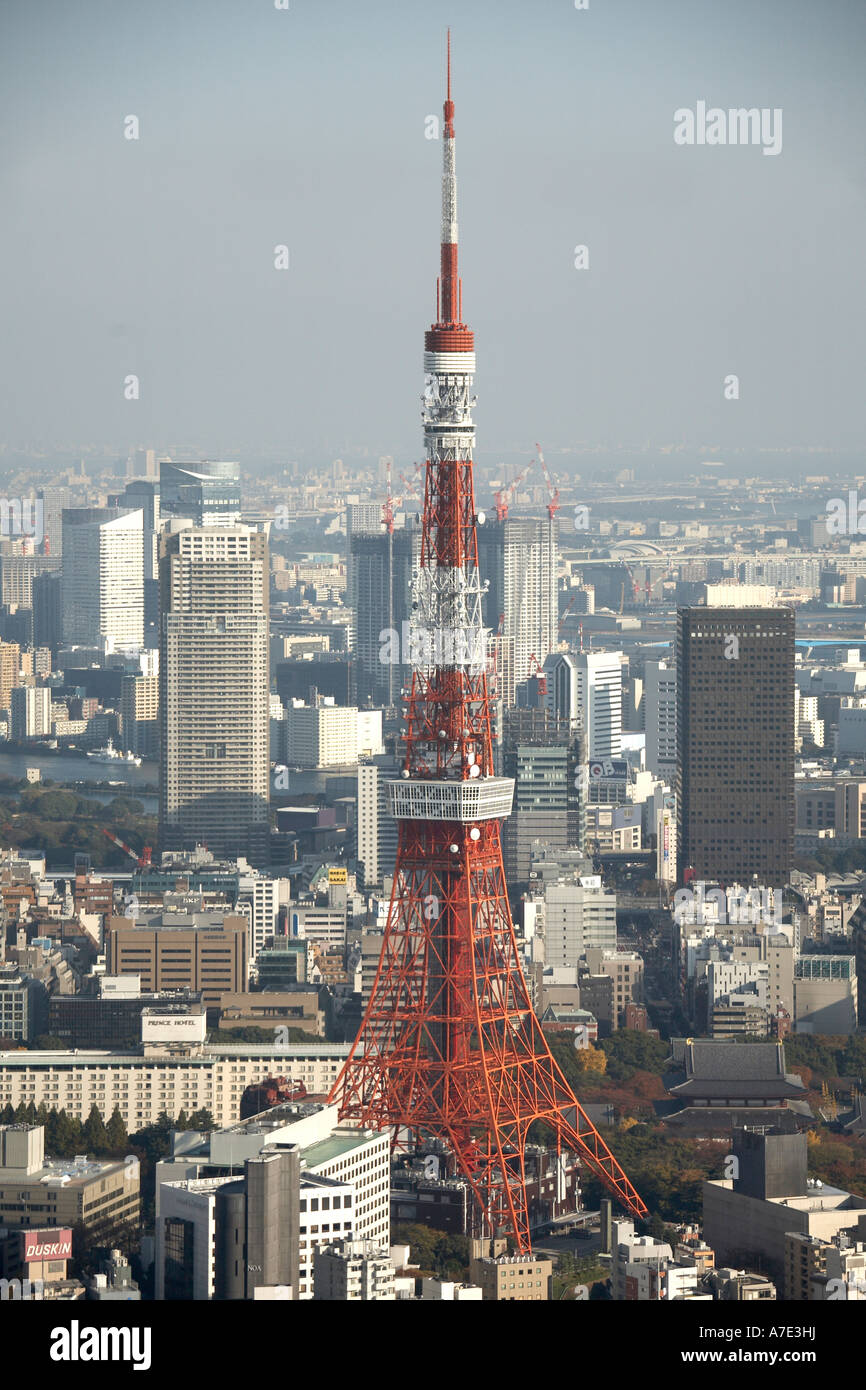 High level oblique aerial panorama south east of Tokyo Tower from Tokyo ...