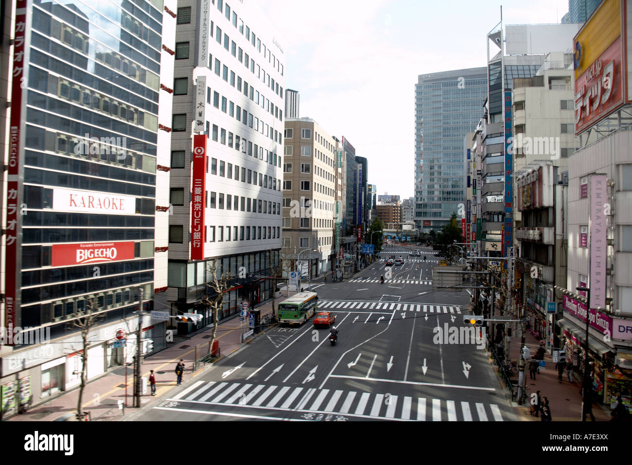 High level view of street with office buildings in city of Tokyo Japan ...