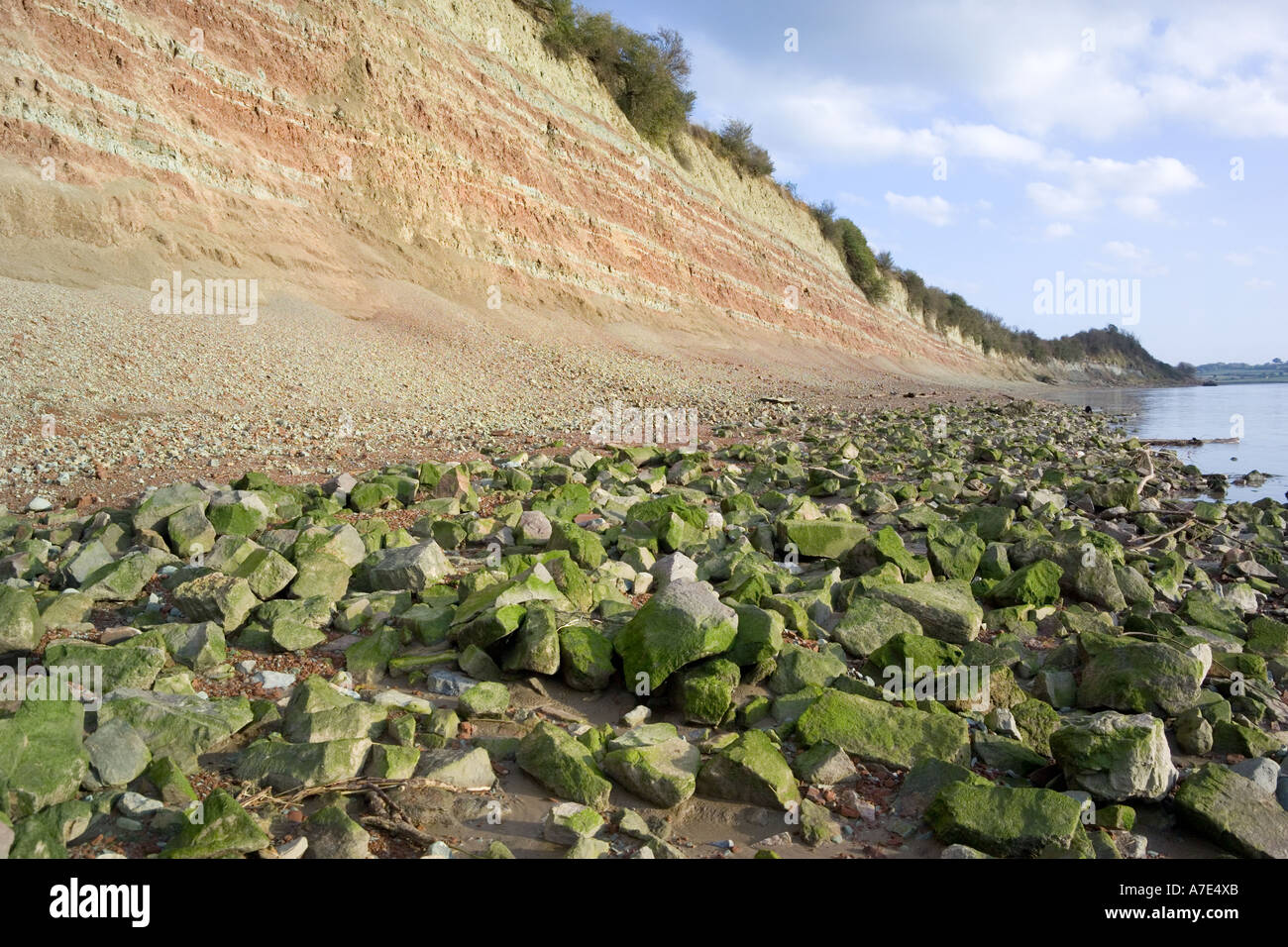 Geological strata clearly visible in the banks of the River Severn at ...