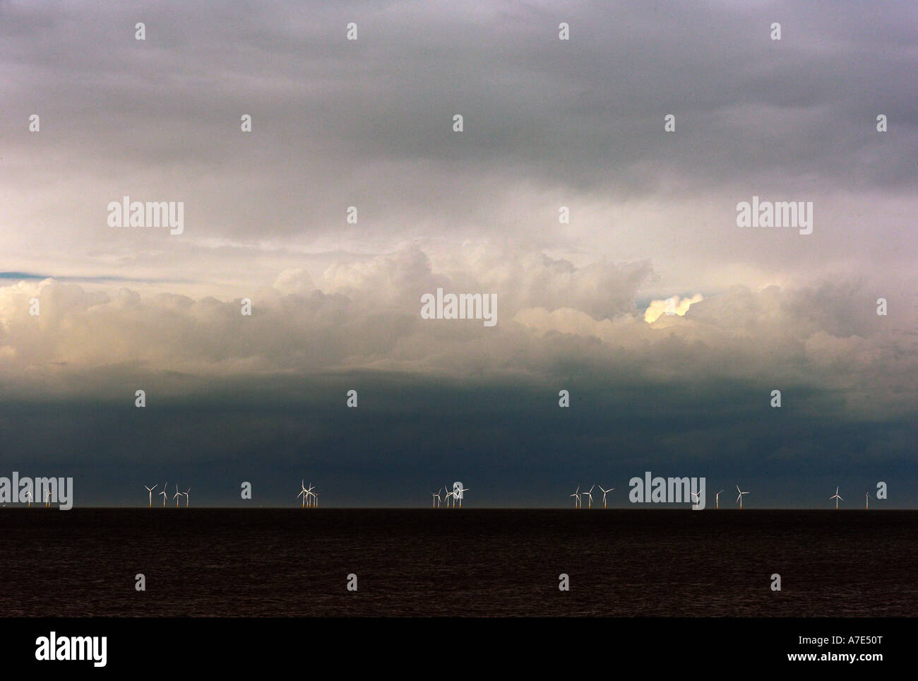Offshore wind turbines in the Thames estuary, seen from Whitstable ...