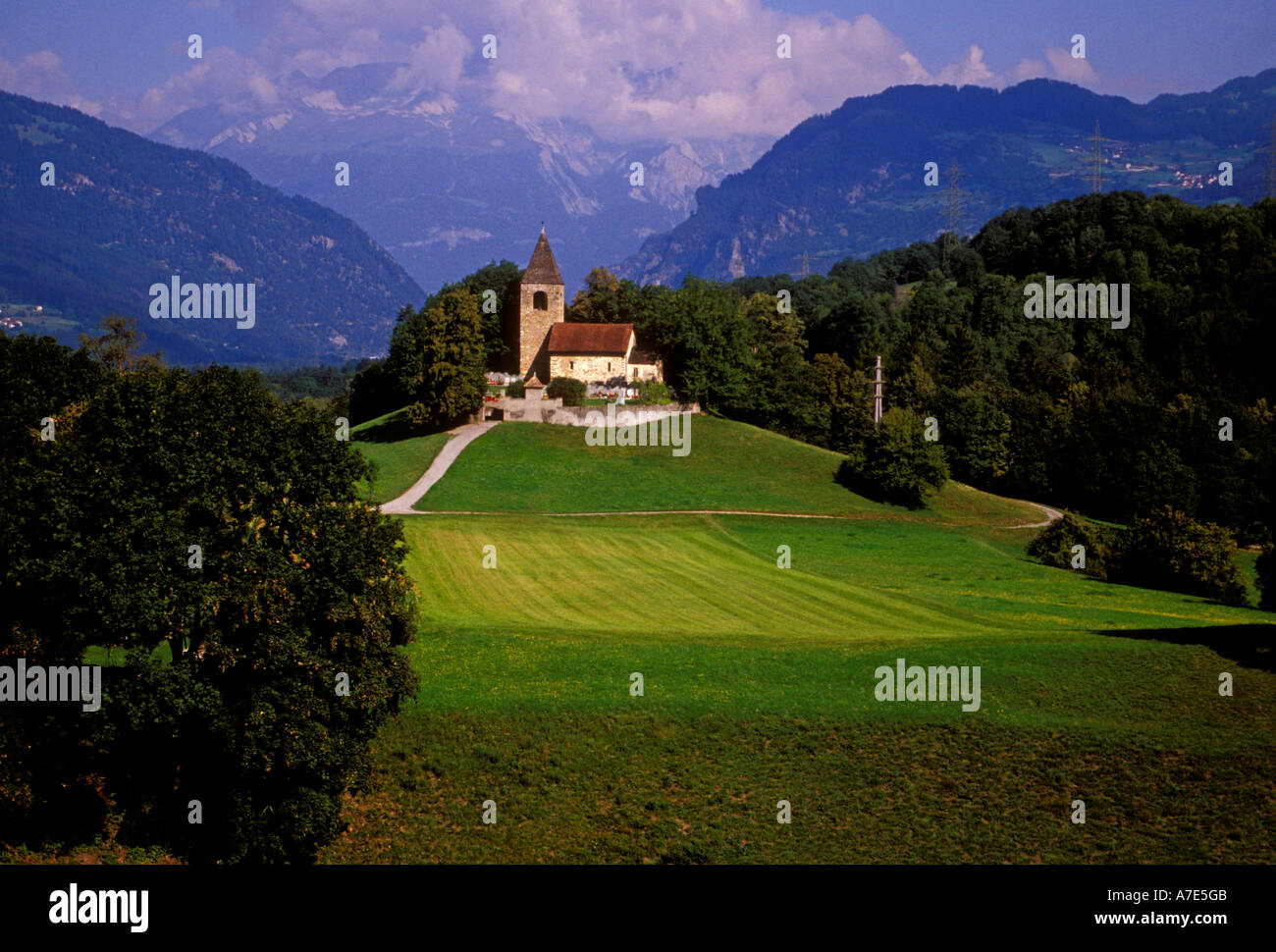church, mountain landscape, Swiss Alps, Graubunden Canton, Switzerland ...