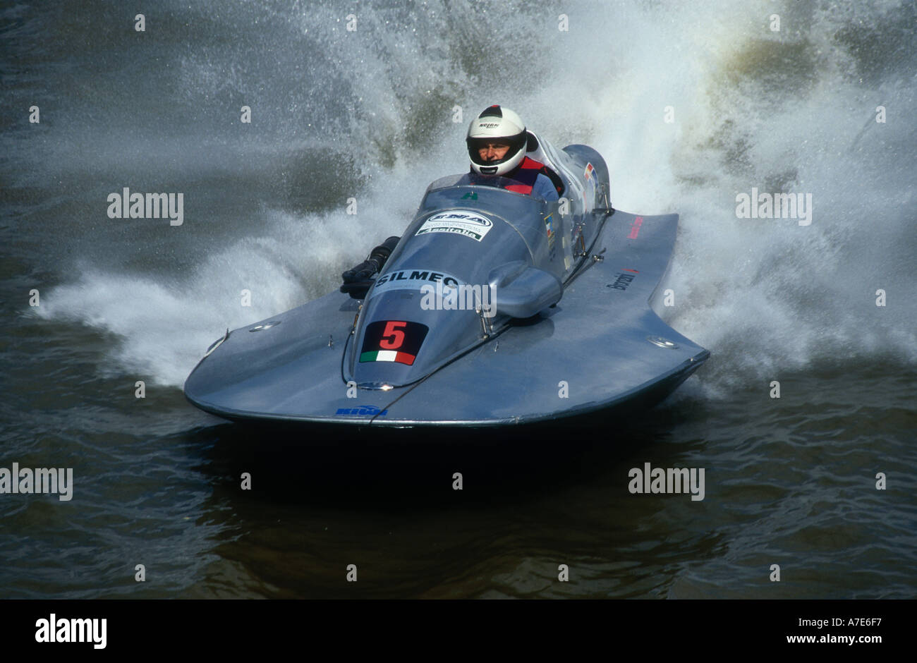 The 1982 three point hydroplane speedboat Der Silberpfeil underway ...