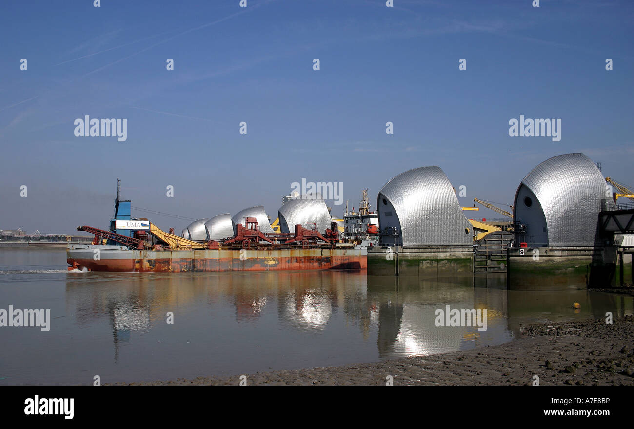 Ship passing through the Thames Flood Barrier Stock Photo - Alamy