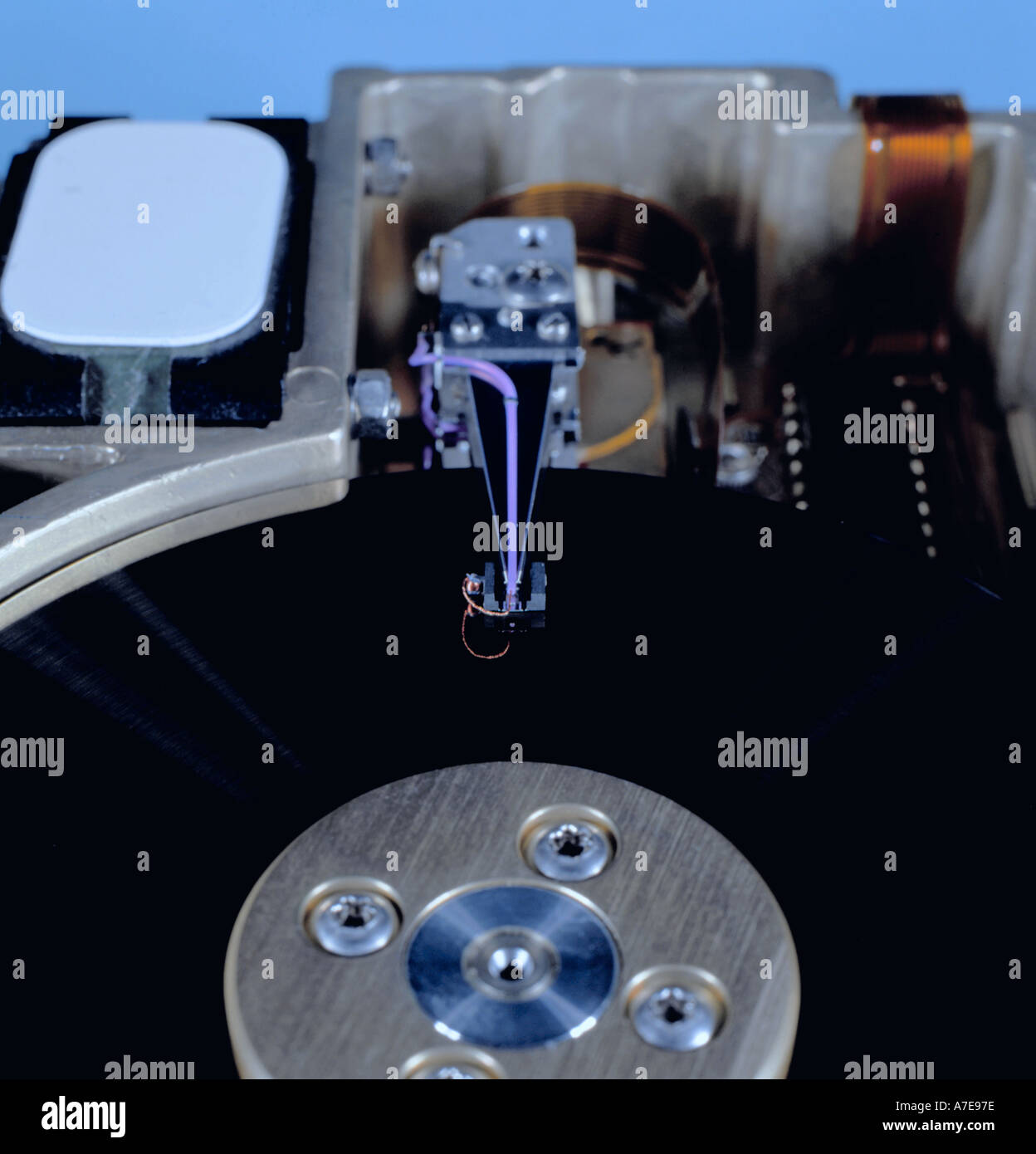 Dismantled hard disc drive assembly showing read write head control ...
