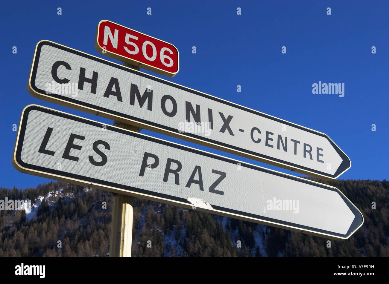 Road sign along N506 in Chamonix valley pointing to Chamonix Centre and ...