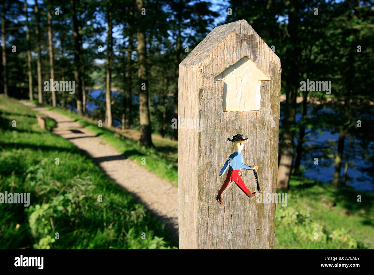 walking route signpost with coloured man inset by ladybower reservoir ...