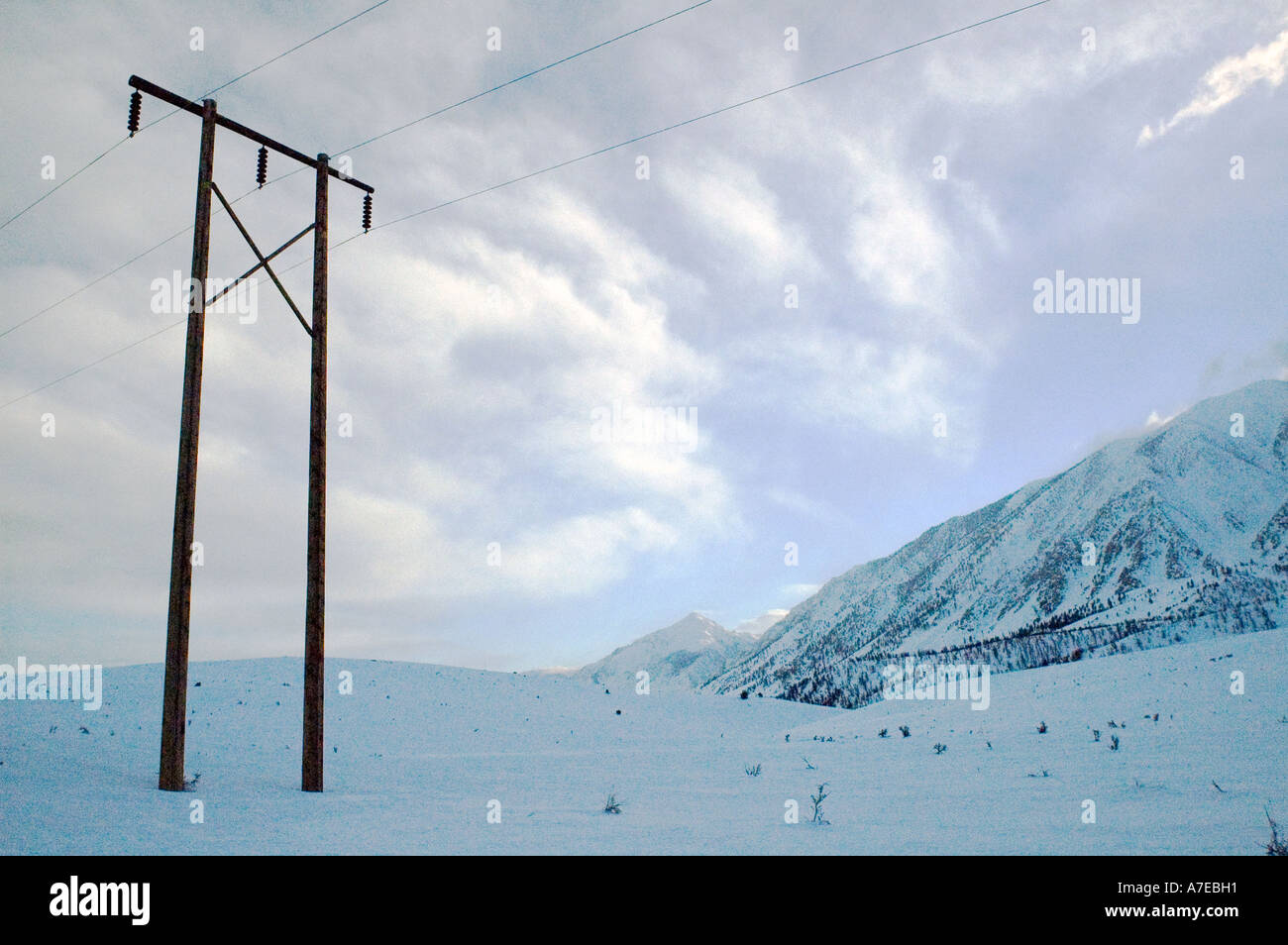Electric transmission line in snowy field near Sierra mountains ...