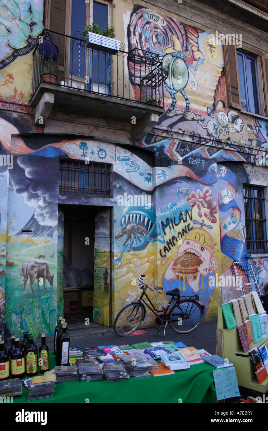 street Milan Italy graffiti house books sell weekend city Stock Photo ...