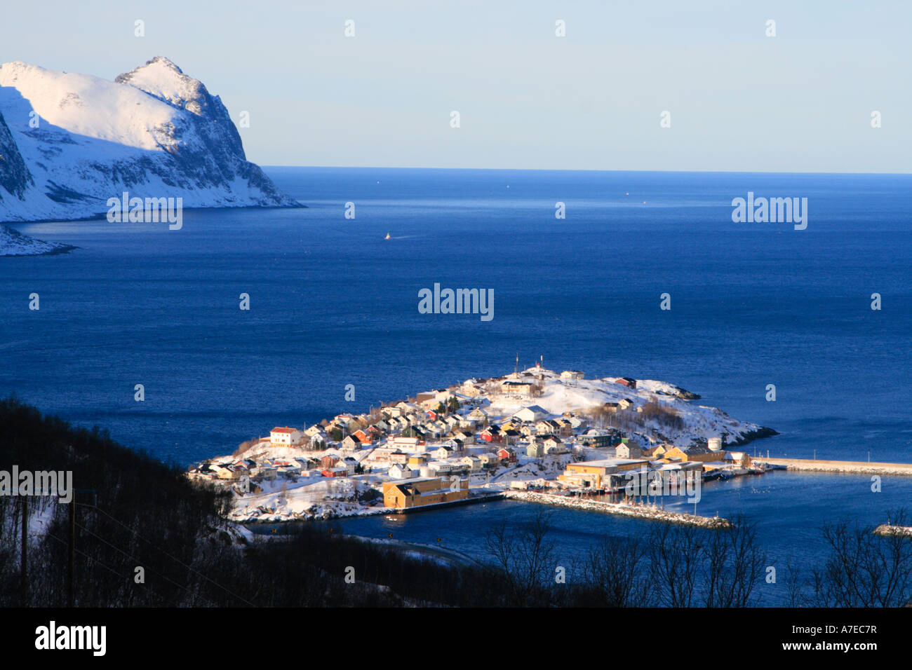 husoy fishing village small island senja coastal norway winter blue sea ...