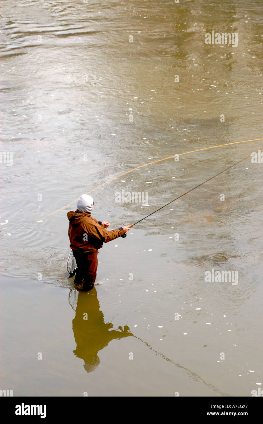 fly fisherman in river stream Stock Photo - Alamy