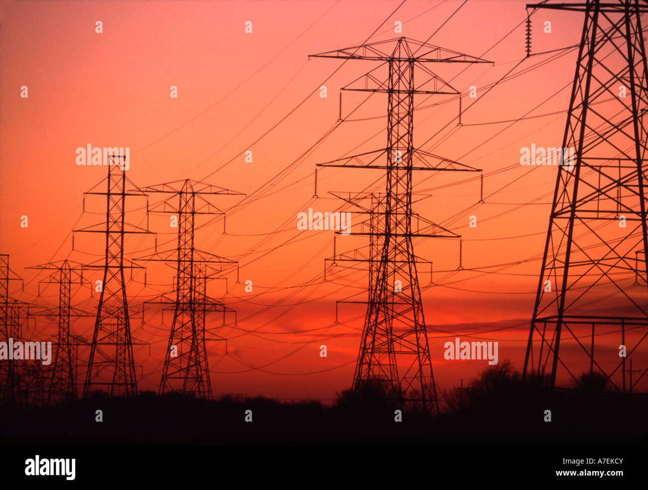 Electrical power lines silhouetted at sunset Stock Photo - Alamy