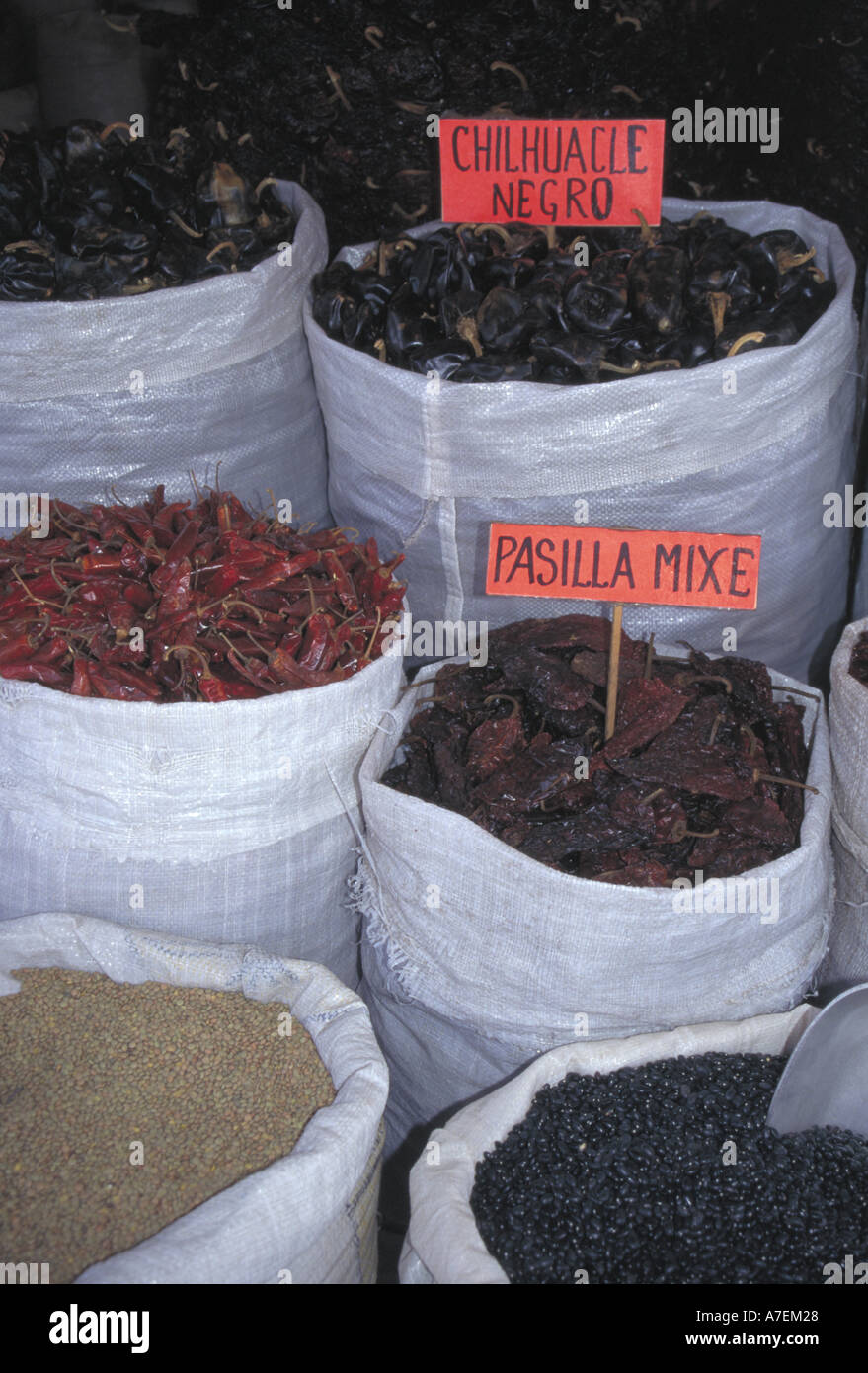 North America, Mexico, Oaxaca Dried chile varieties for sale at market ...