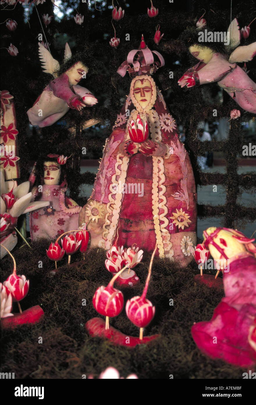 Mexico, Oaxaca, patron saint the Virgin of Solitude, carved radishes at ...