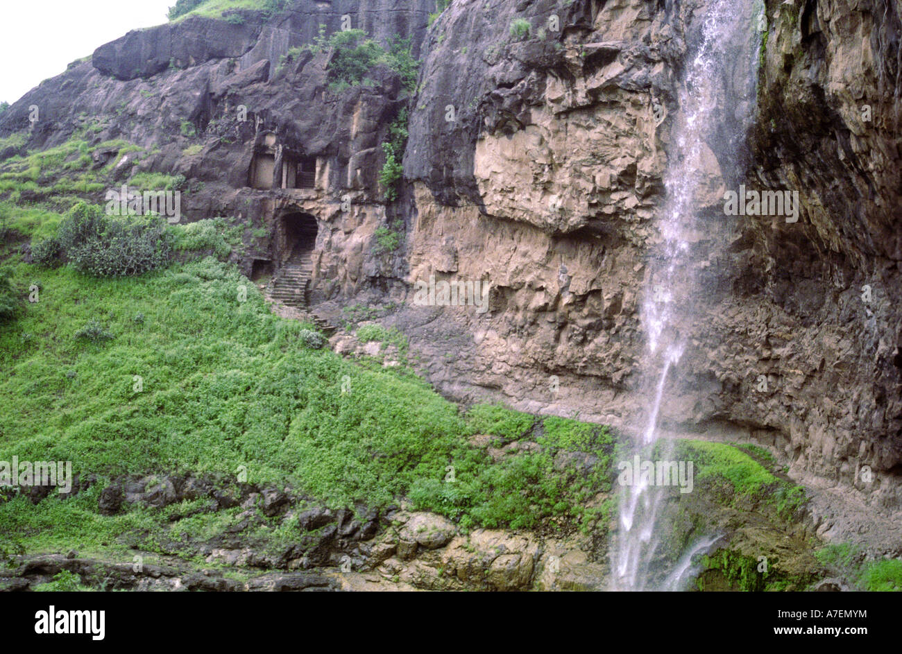 temple waterfall at back entrance to Dhumar Lena cave at ellora caves ...
