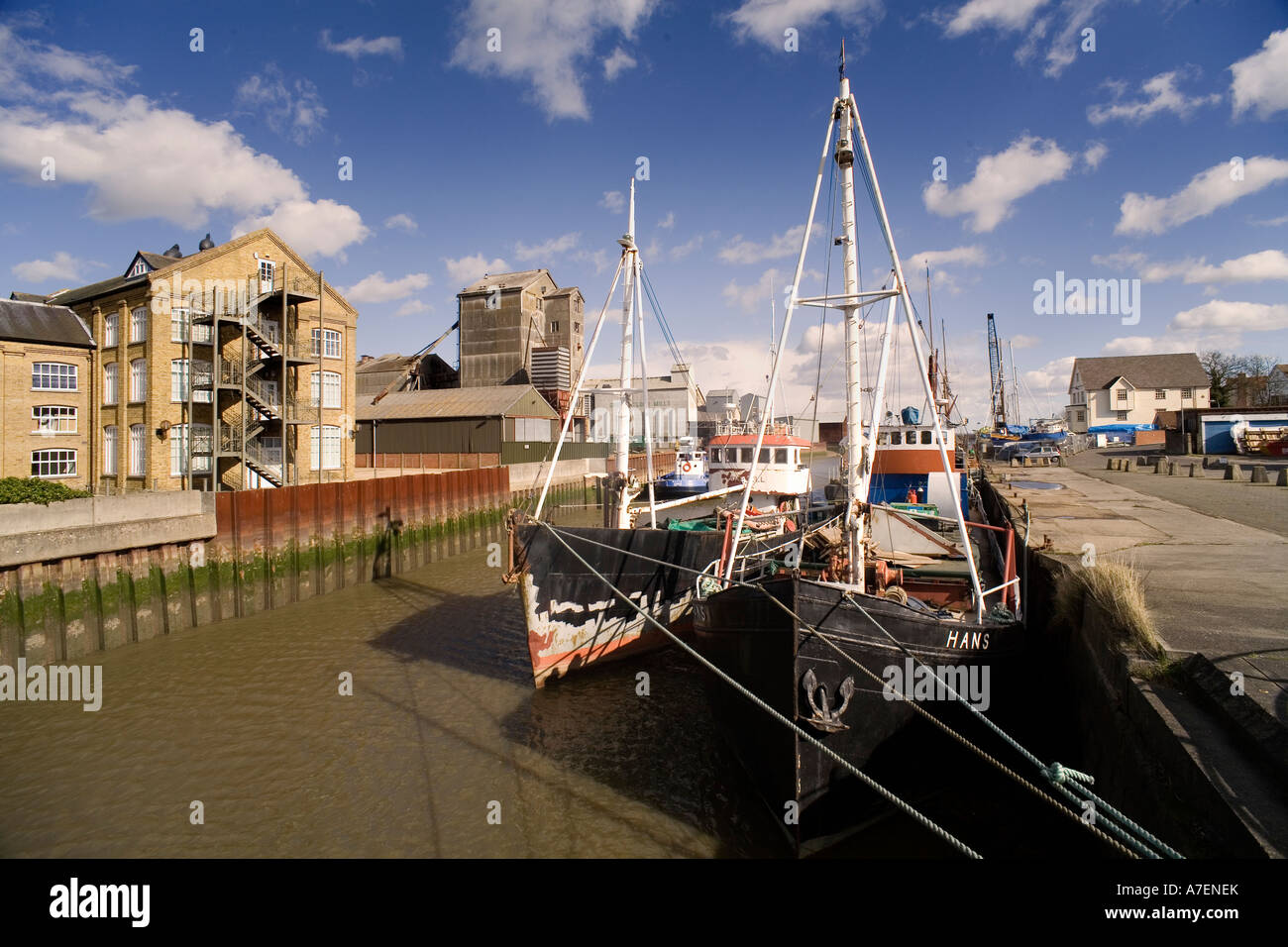 Maldon Essex Moored Ships and Old Mill Stock Photo - Alamy