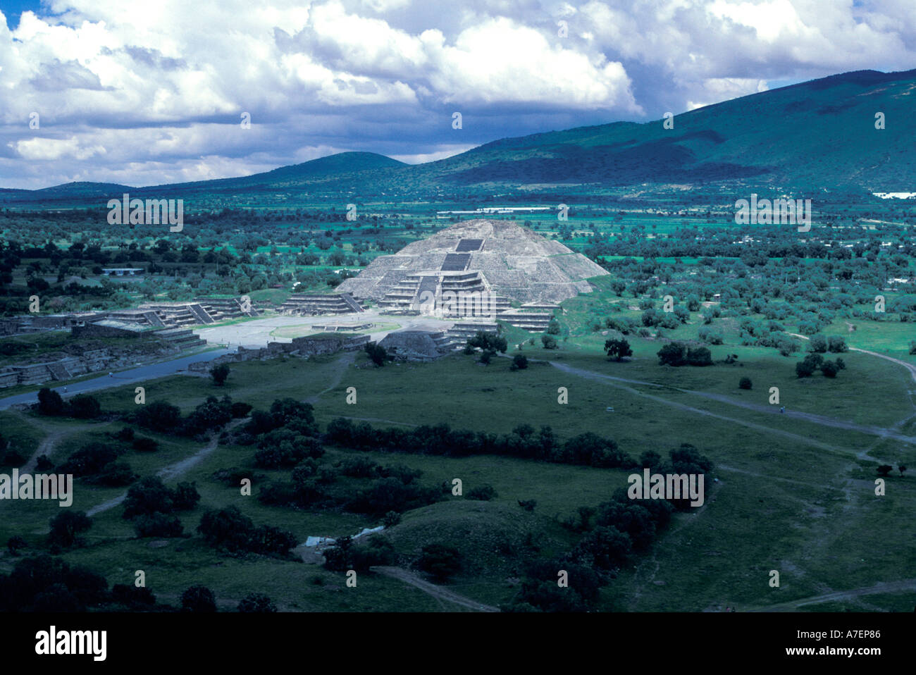 Aztec Pyramid in green landscape near Mexico City, Mexico Stock Photo ...