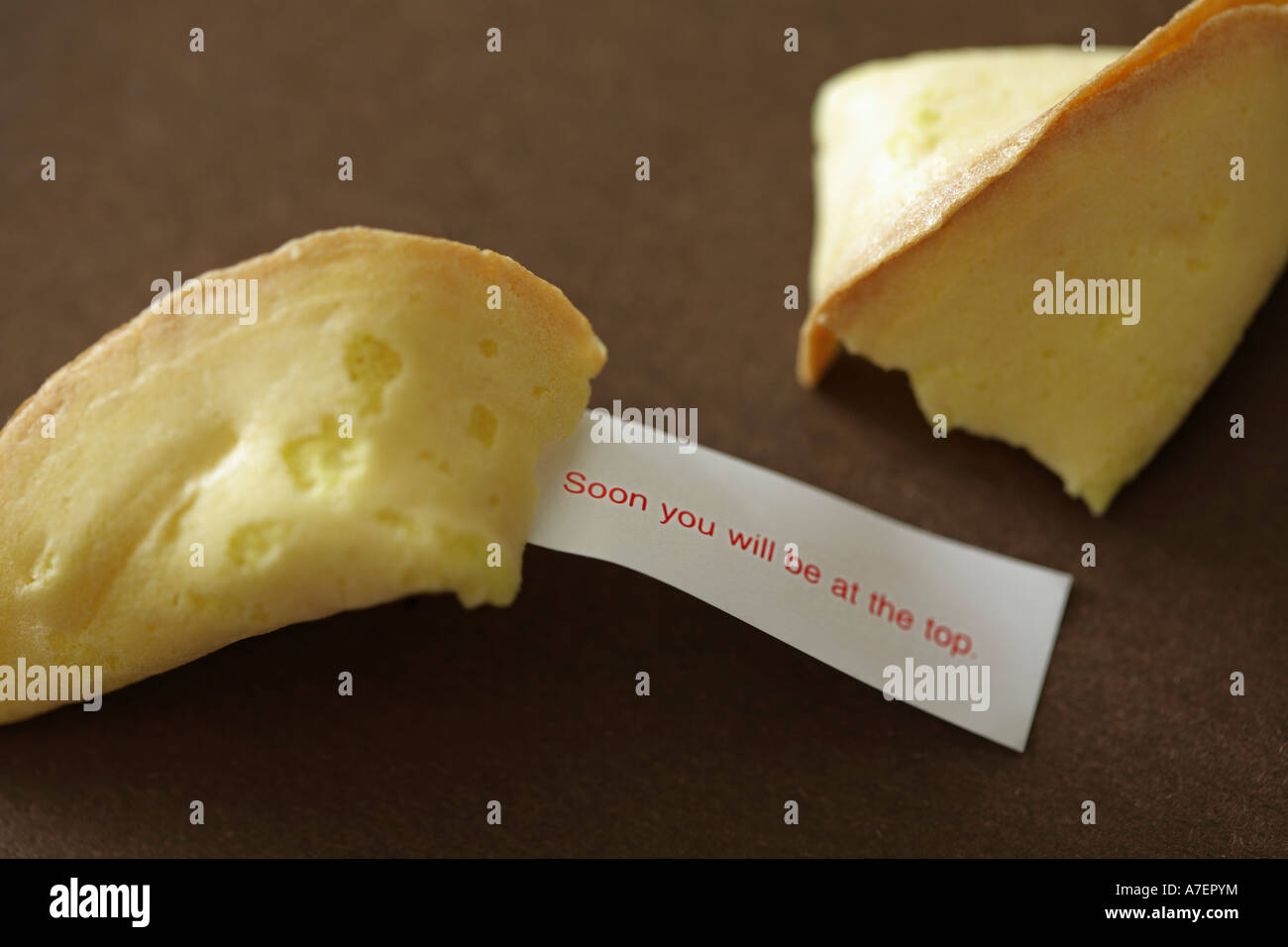 Fortune cookie broken open revealing positive message SOON YOU WILL BE ... Fortune cookie broken open revealing positive message SOON YOU WILL BE ...